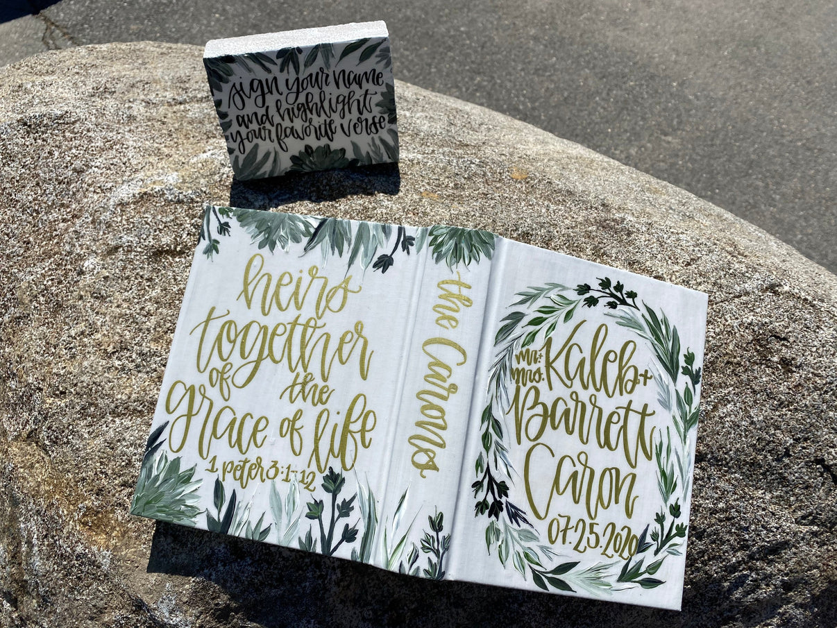 Custom Wedding Handpainted Bible + Matching Sign – Sparrows & Wildflowers